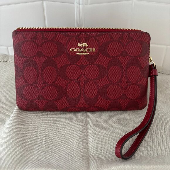 Coach | Bags | Coach Large Corner Zip Wristlet In Red Signature Canvas ...
